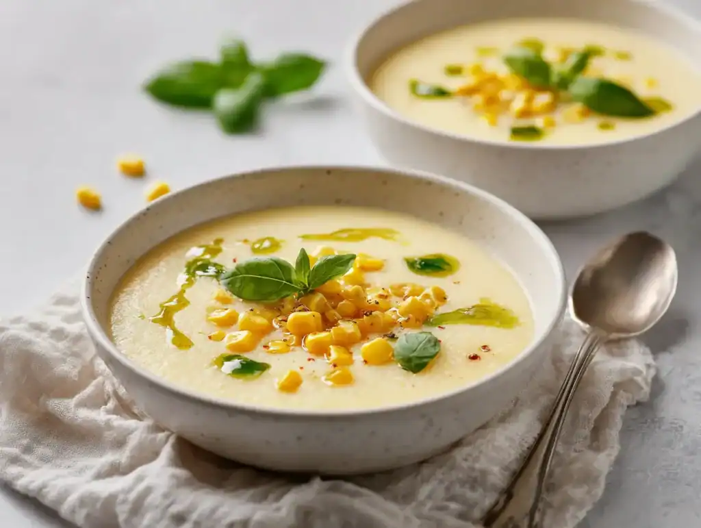 Refreshing Cold Corn Soup with Fresh Sweet Corn & Basil
